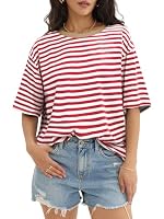 ATHMILE Women's Oversized T Shirts Striped Short Sleeve Crewneck Summer ...