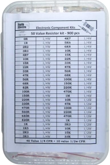 Faith Electro 900 pcs 50 Value Resistor Kit box - 1/4w and 1/2w CFR ...