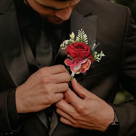 Amazon.com: Latious Wedding Flower Boutonniere Red Groom Rose ...