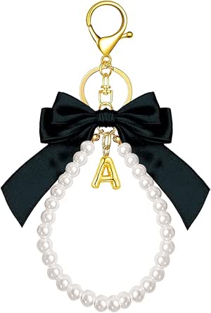 Gold Initial Keychain Cute Pink/Red/Black Bow Simulated Pearl Key Rings ...