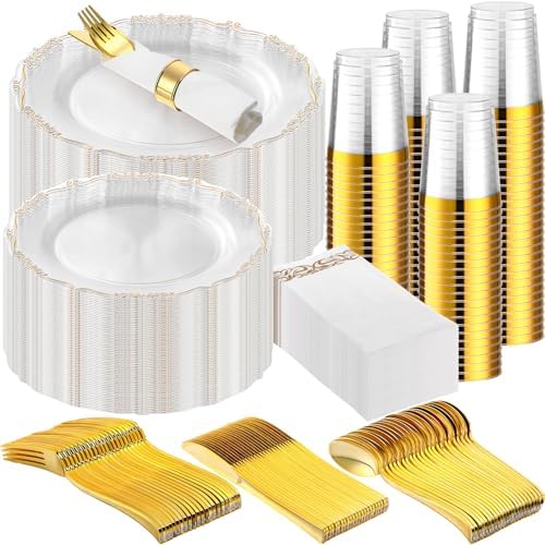 Amazon.com: Mifoci 700 Pcs Gold Plastic Dinnerware Set Gold Disposable ...