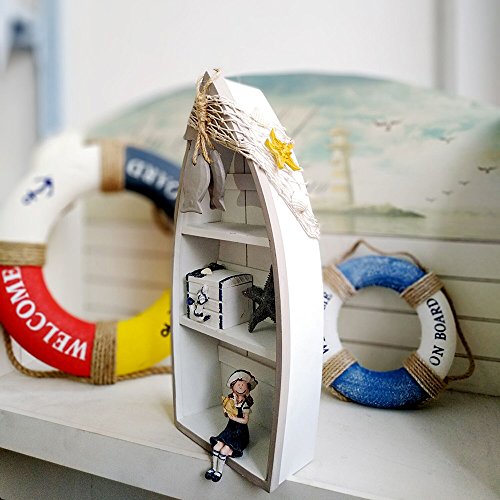 YK Decor 16.5"H Wooden Boat Display with 3 Shelves Fish Net Star Fish ...