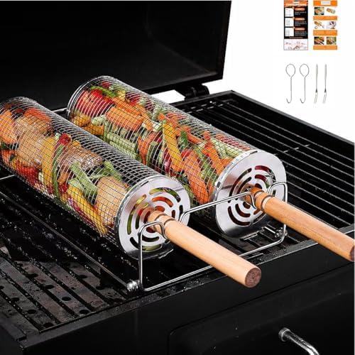 Amazon.com: Ivtivfu Rolling Grill Baskets (2PCS), Removable Wooden ...