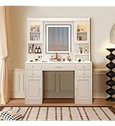 Amazon.com: Vliekcy Distressed White Corner Vanity Desk Makeup Vanity ...