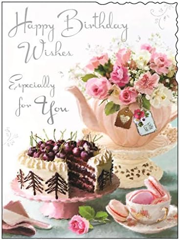 Greeting Card (JJ4436) Female Birthday - Pink Teapot and Cake - Foil ...