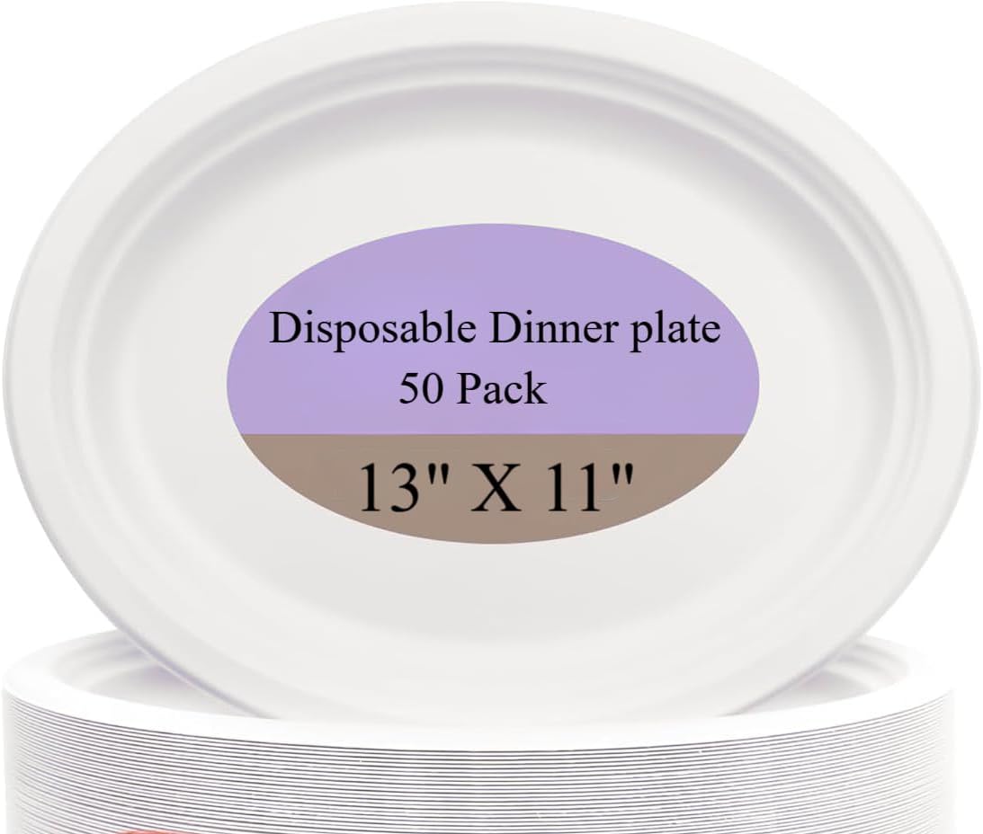 Premium Disposable Plates 50-Pack 13-Inch Compostable Oval White Dinner ...