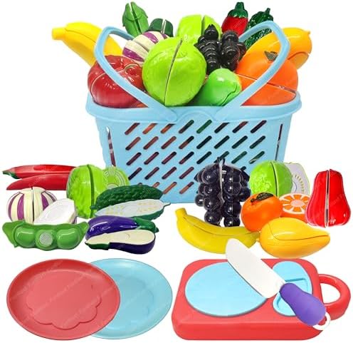 Buy PLUSPOINT Fruit Cut Toy with Storage Basket Realistic Sliceable Cutting Fruits and Vegetable ...