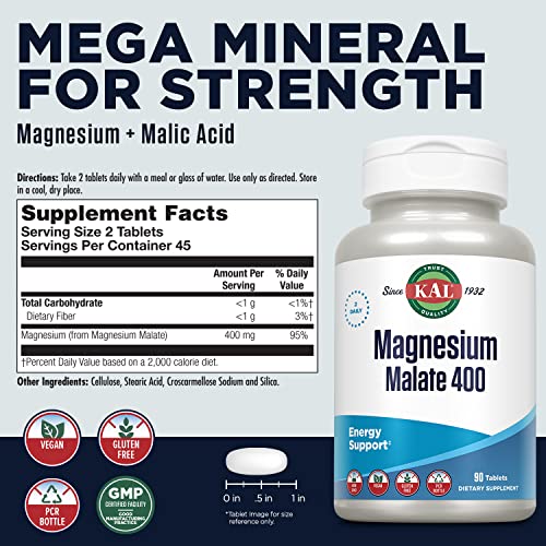 KAL Magnesium Malate 400mg, Chelated Magnesium Supplement with Malic ...