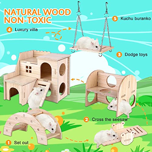 Runup 5 Pieces Hamster Wooden Toys, Wooden Hamster House, DIY Hamster ...
