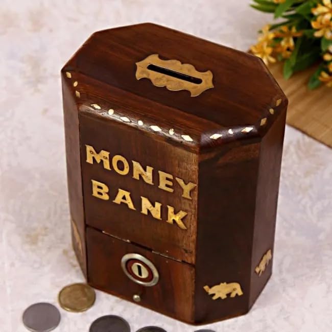 Wooden Money Box Octagonal with Lock Sheesham with Brass Elephant ...