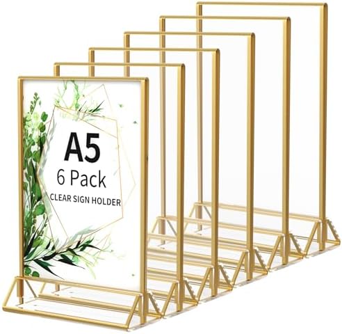 AITEE A5 Gold Sign Holder: 6 Pack Acrylic Clear Menu Table Holders ...