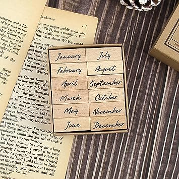 GOODIBOX 12pcs Wooden Rubber Stamp Set, Month Design Decorative Stamps ...
