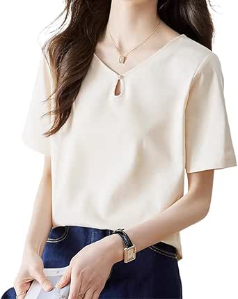 Amazon | [FEISEDY] Tシャツ レディース 無地 純綿 半袖 Vネック 通勤 快適 夏トップス カジュアル A8174 | Tシャツ・カットソー 通販