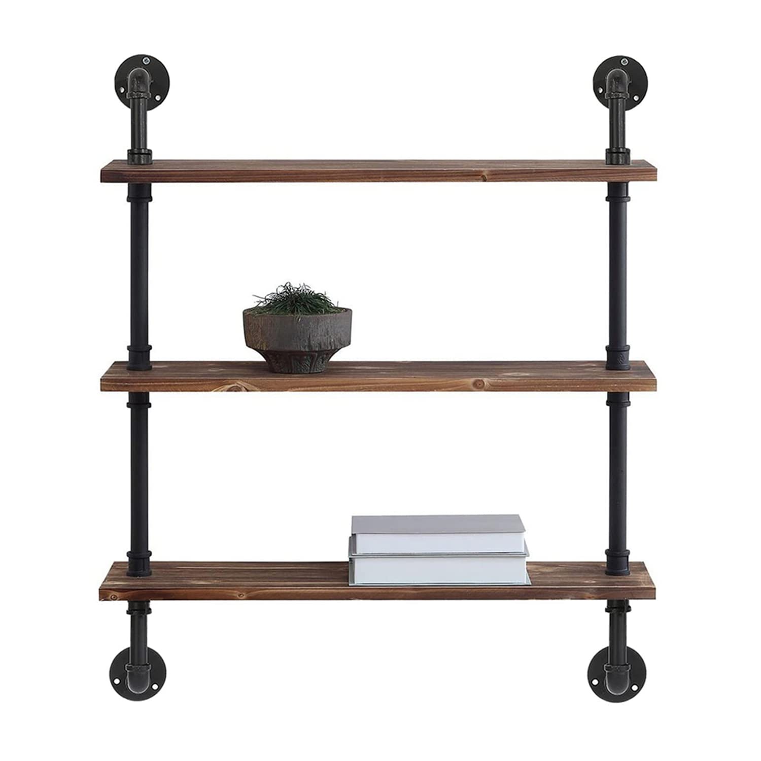 Phaxth Industrial Pipe Shelving, 3 Tiered Wall Mounted Pipe Wood ...