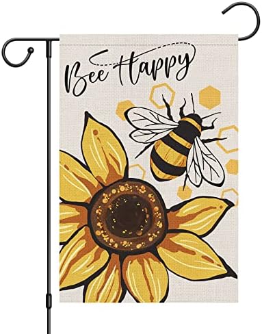 Amazon.com : Bee Happy Garden Flag 12x18 Double Sided Vertical, Burlap ...