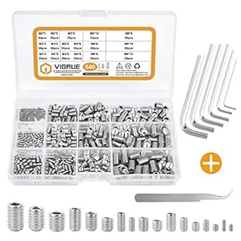 VIGRUE 540 Stück M2 M3 M4 M5 M6 M8 Madenschrauben Sortiment, Innensechskant Gewindestifte mit ...