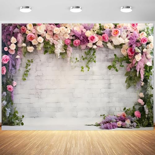 Amazon.com : 7x5ft Wedding Backdrop Rustic White Brick Wall Flowers ...