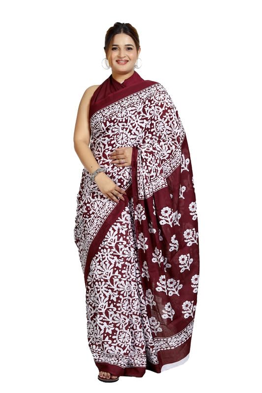 Buy SANGANERI HAST KALA Women'S Cotton Saree With Printed Design And ...