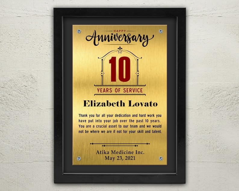 Amazon.com: Personalized 10 Year Work Anniversary Gift Award Framed ...