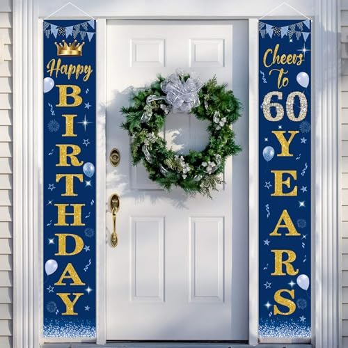 POPOYU 60th Birthday Door Banner for Men Women,Navy Blue Gold Fabric ...