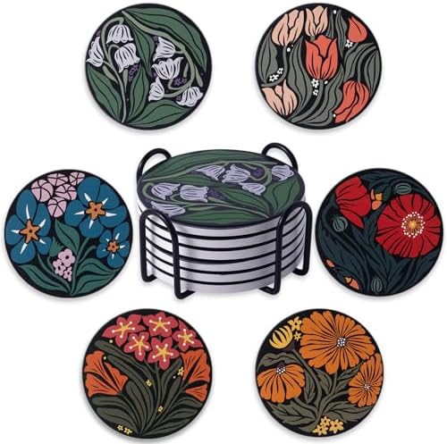 Amazon.com: 6 Pcs Cute Flower Drink Coasters with Holder Modern Ceramic ...