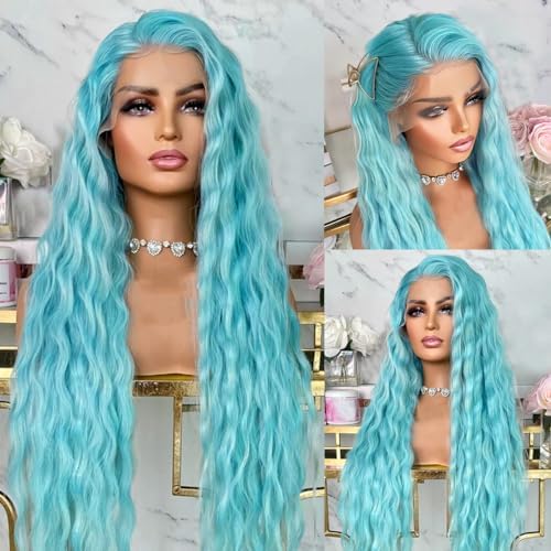 Amazon.com : QMSSR Light Blue Lace Front Wigs Loose Curly Wave Hair Wig ...