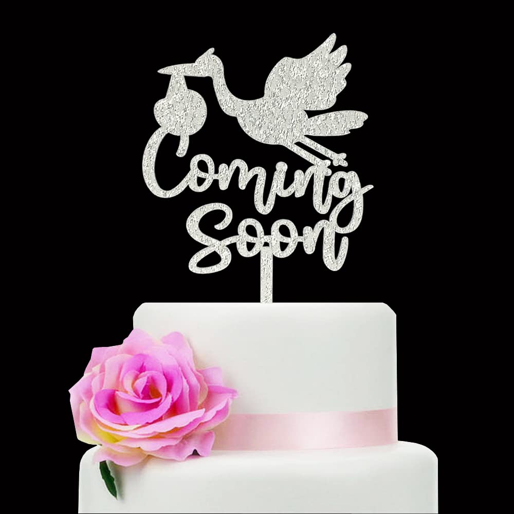Glitter Silver Coming Soon Cake Topper White Stork Silhouette Cake ...