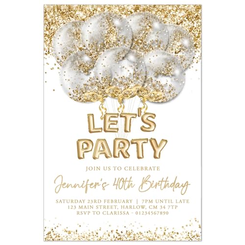 Personalised Birthday Party Invitations, White Gold Silver 18th 21st ...