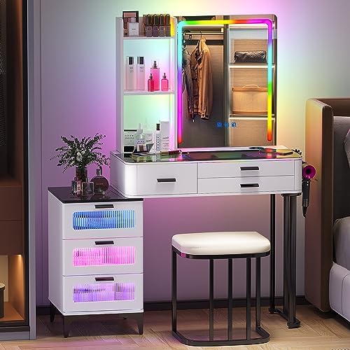 Gurexl Coiffeuse avec Miroir, LED Coiffeuse avec Miroir et Tabouret ...