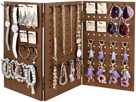 MOOCA Wall-Mountable Wooden Foldable 3-Panel Pegboard Jewelry Display ...