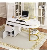 Amazon.com: Merax 58" Writing Executive Desk Curved Wooden 3 Drawers ...
