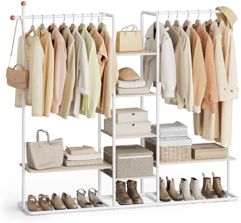 SONGMICS HOME RGR012K01 Open Wardrobe Clothes Rack 6 Shelves 2 Clothes ...