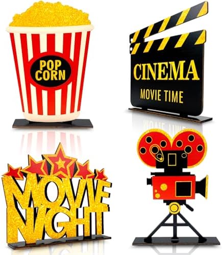 Amazon.com: 4 Pieces Movie Night Decorations Movie Theater Table Wooden ...