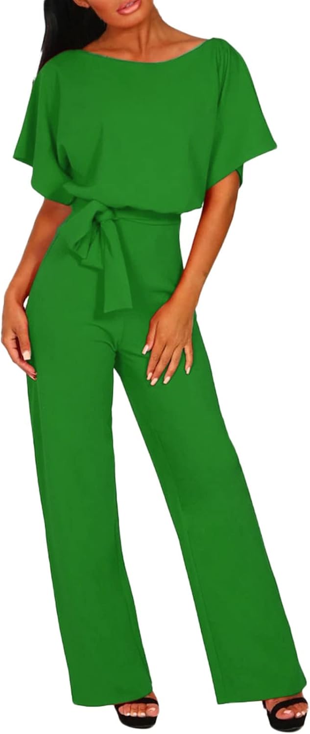 Amazon.com: JiXiang Dressy Jumpsuits for Women Wedding Guest Elegant Loose Short Sleeve Belted ...