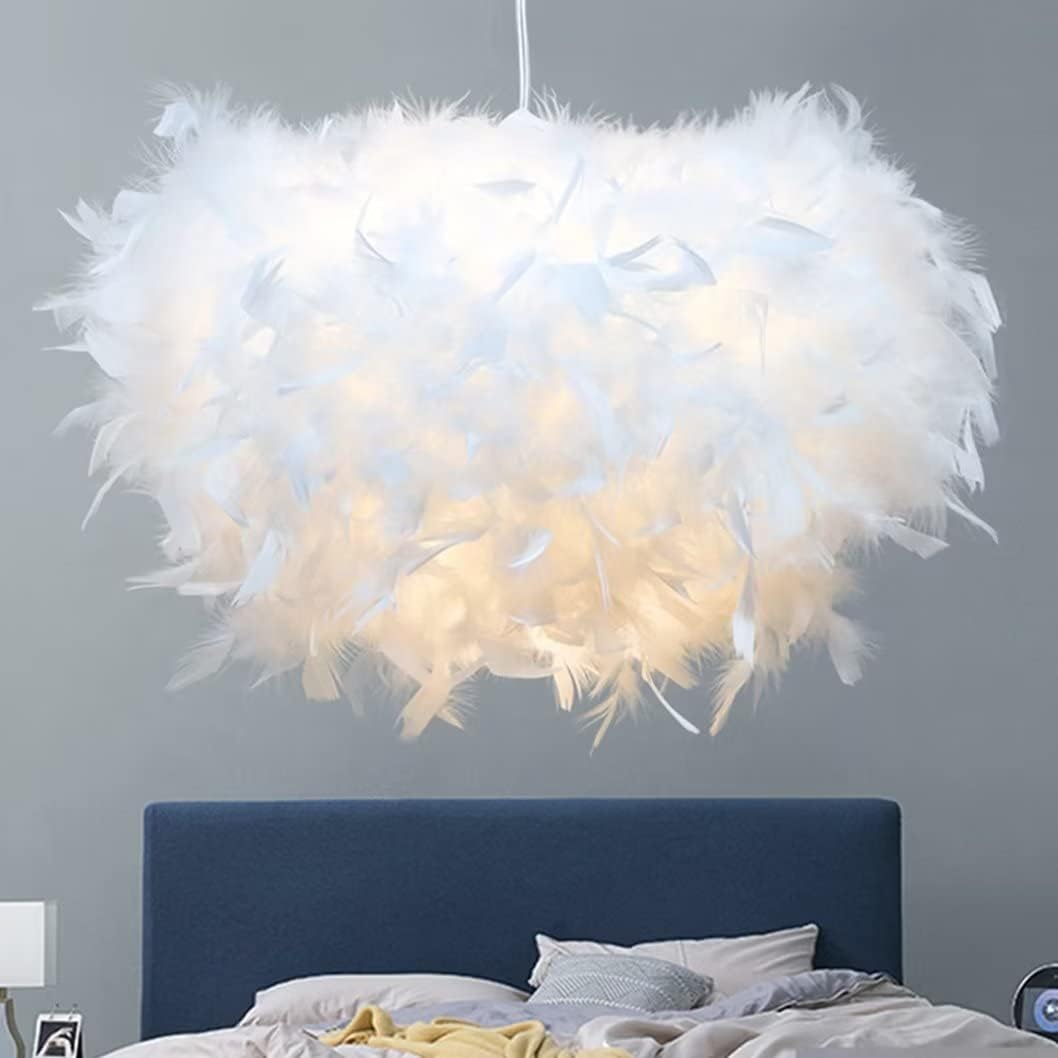 GUANSHAN 50cm/19.8" Hemisphere White Feather Pendant Light Lampshade ...