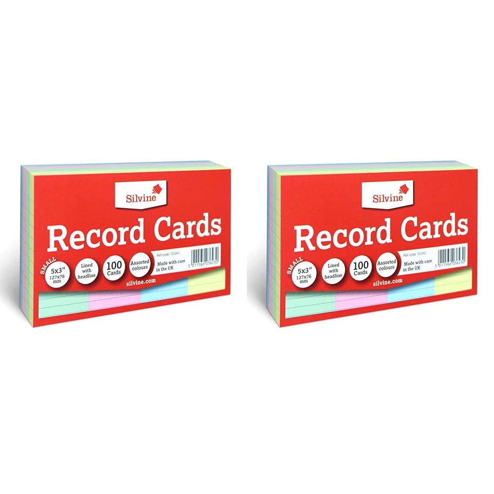 Silvine 5x3 Multi-Coloured Record Cards - Lined with Headline, 100 ...