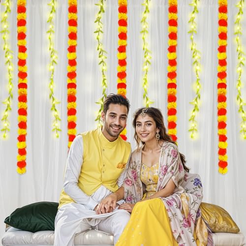 Party Propz White Net Backdrop for Pooja Decoration with Leaf Lights ...