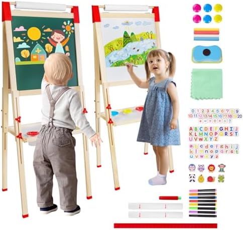 Amazon.com: Kids Wooden Art Easel with Paper Roll,Foldable Double-Sided ...