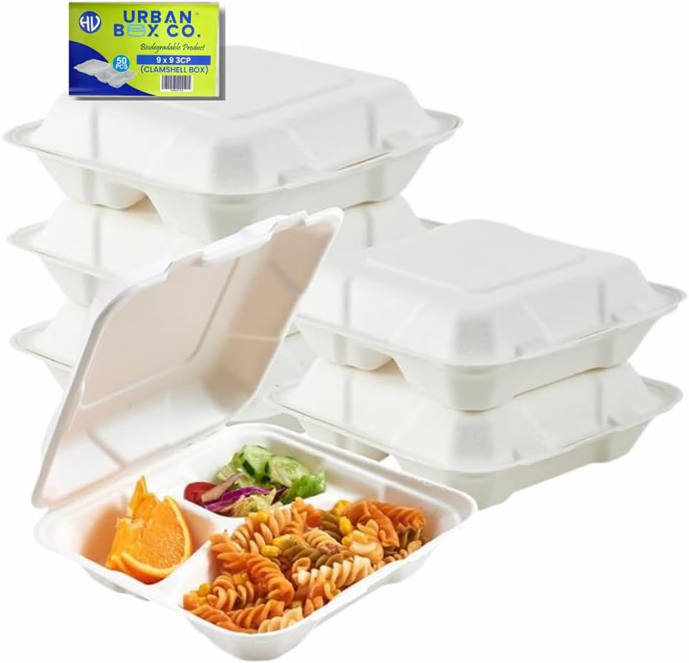 Amazon.com: URBAN BOX CO. 50-Pack 9x9 3-Compartment Compostable Takeout ...