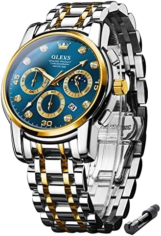Amazon | OLVES 腕時計 メンズ ビジネス うで時計 クォーツ クロノグラフ ムーンフェイズ サファイアガラス ステンレス鋼バンド 夜光 防水 プレゼント 青 watch for ...