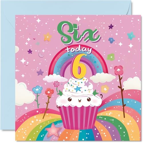 6th Birthday Card Girl - Cupcake Rainbow - Happy Birthday Card for 6 ...