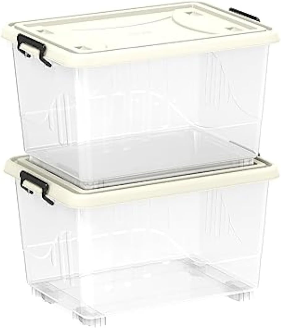 Cosmoplast 55L Clear Plastic Storage Box with Wheels & Lockable Lid Set ...