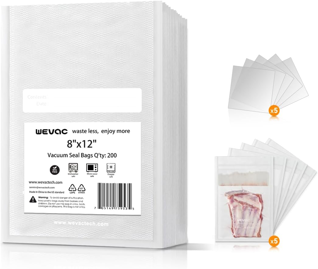 Amazon.com: Wevac 8" x 12" Precut Vacuum Sealer Bags, 200 Count, Includes 5 Liquid Block Bags ...