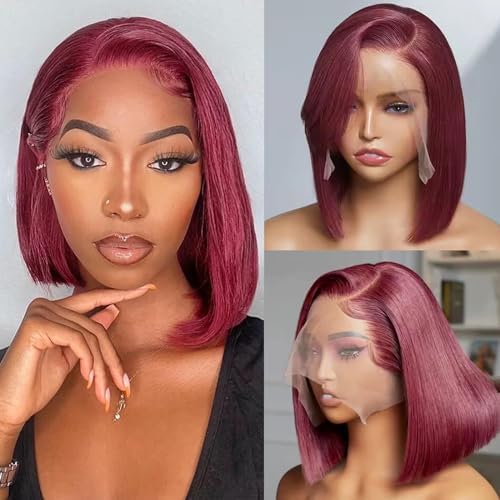 Amazon.com : Bob Wig Human Hair 99J Burgundy Bob Lace Front Wigs 13X4 ...
