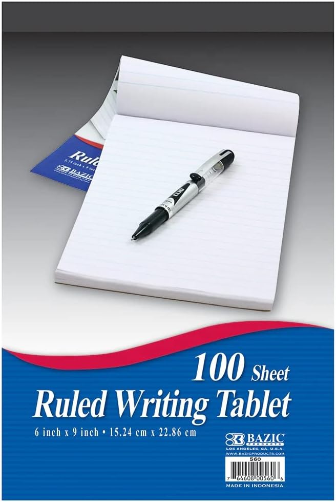 Amazon.com : BAZIC 100 Ct. 5.75" X 9" Ruled Writing Tablet : Writing ...