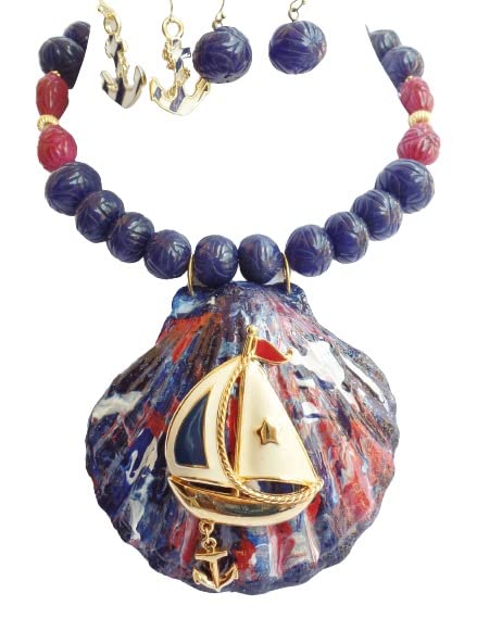 Amazon.com: Hand Painted Shell Vintage Sailboat Gemstone Sapphire Ruby ...