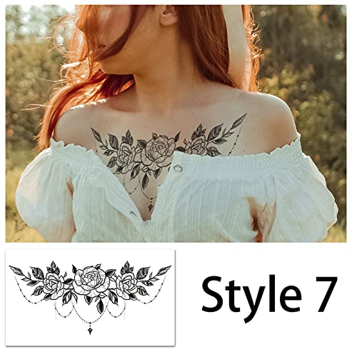Nirbffo Large Temporary Tattoo Sticker Chest Black Rose Flower Gemstone ...
