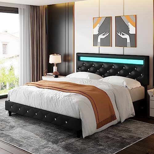 Amazon.com: TTVIEW Full Size Bed Frame with LED Lights, Leather ...