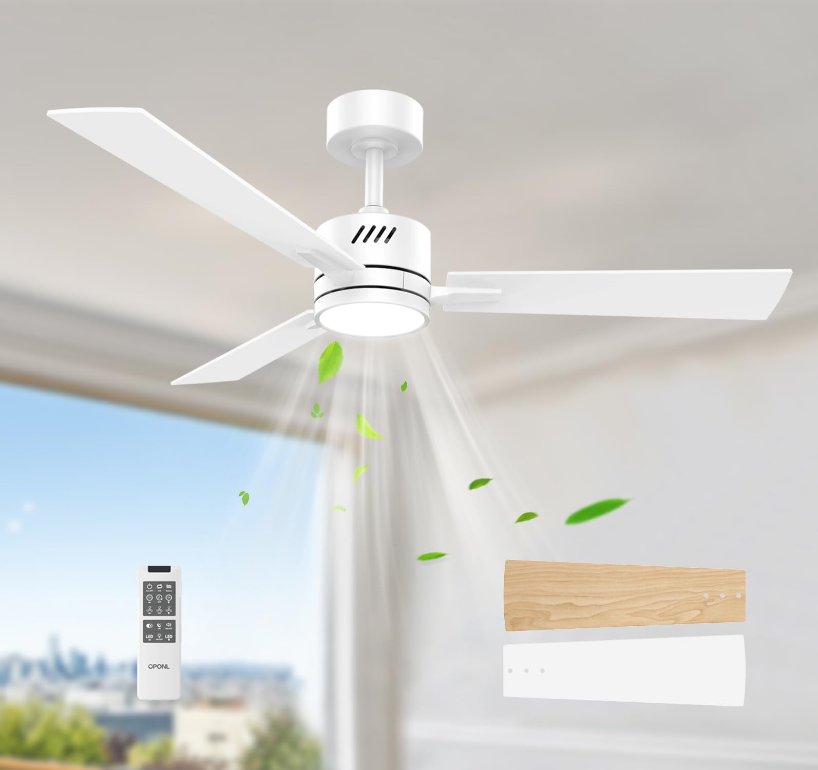 OPONL 42" White Ceiling Fan with Light, Remote Control, Downrod Mount ...