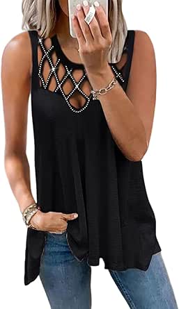 Akivide Women Crewneck Cut Hollow Rhinestone Tank Tops Casual ...